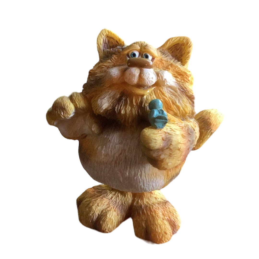 03. Bobble Body Resin Tabby Cat With Bluebird