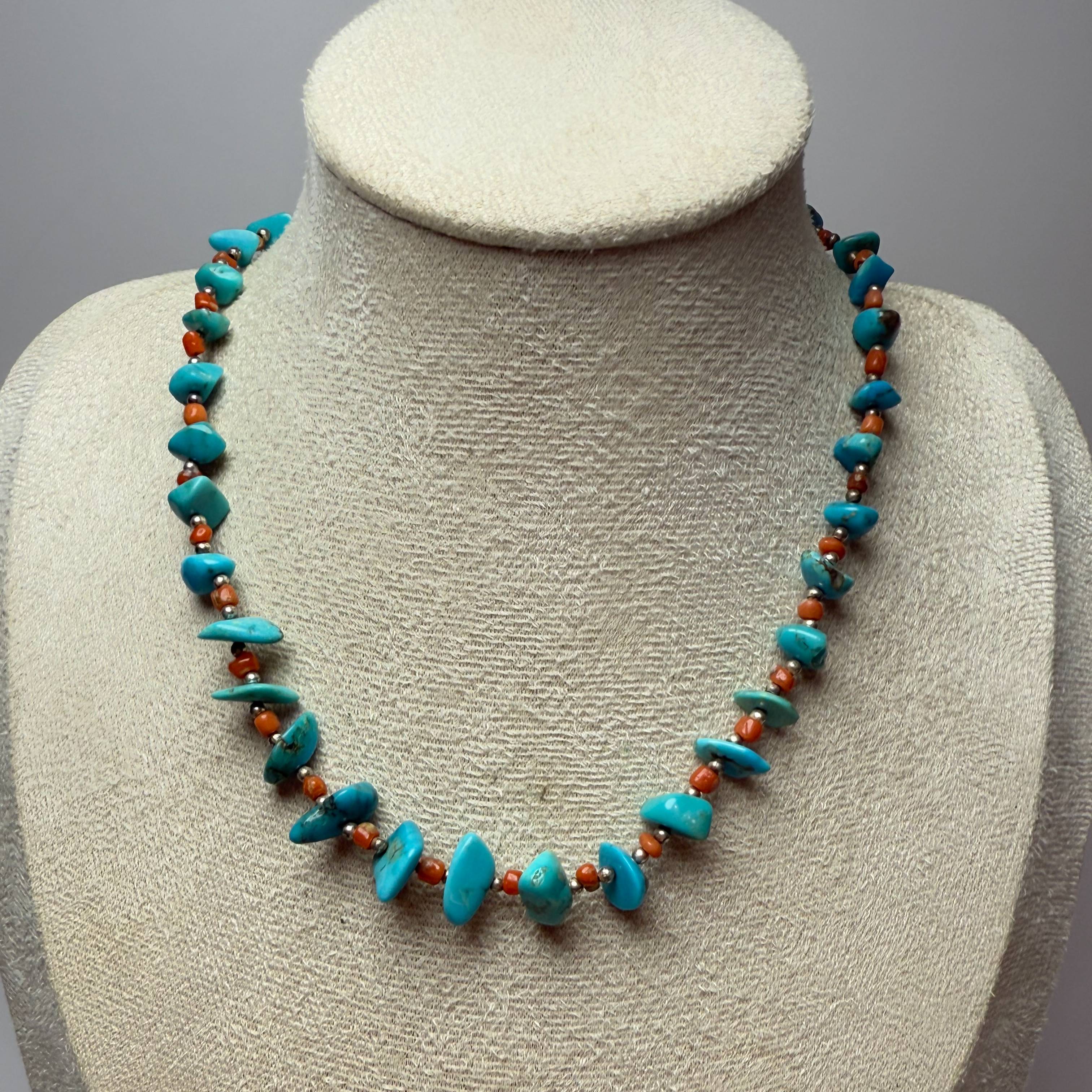 Native American Turquoise Stone Chips Nuggets Beaded 14" Choker Necklace