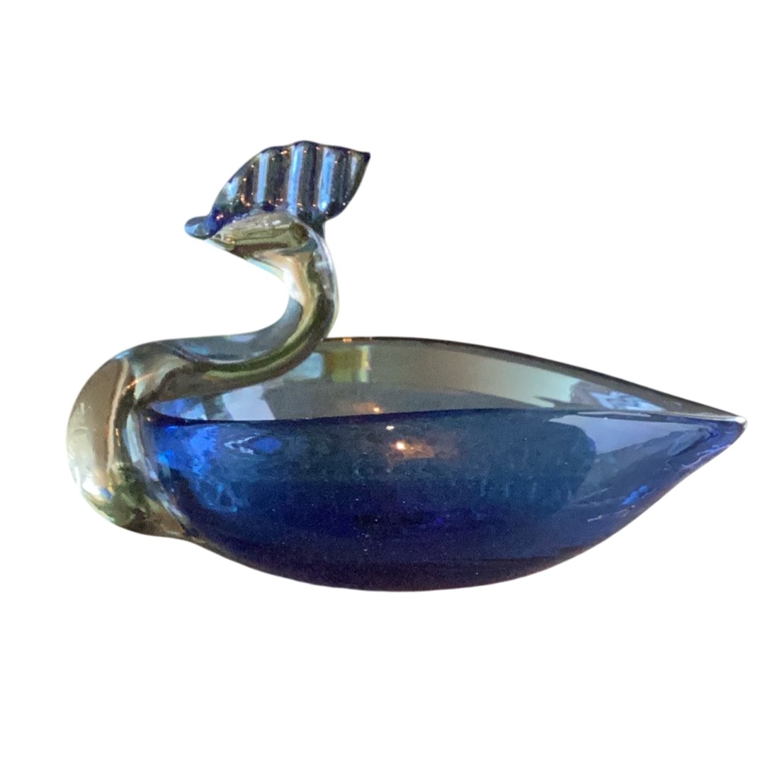 Blue And Clear Art Glass Swan Nut Or Trinket Dish