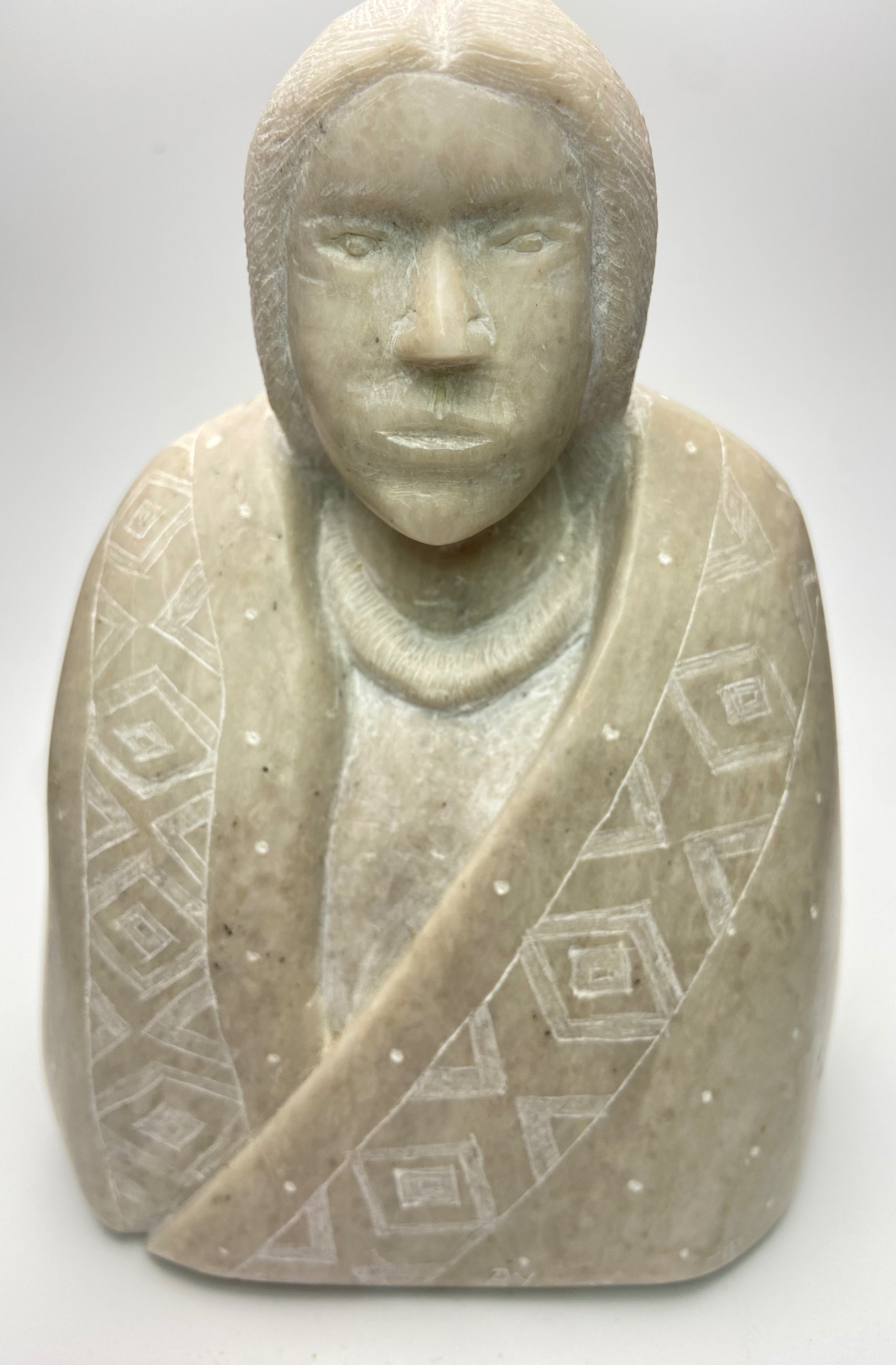 Signed Alabaster Sculpture of a Native American, 4 lbs, 6" Tall, 4.5" Wide
