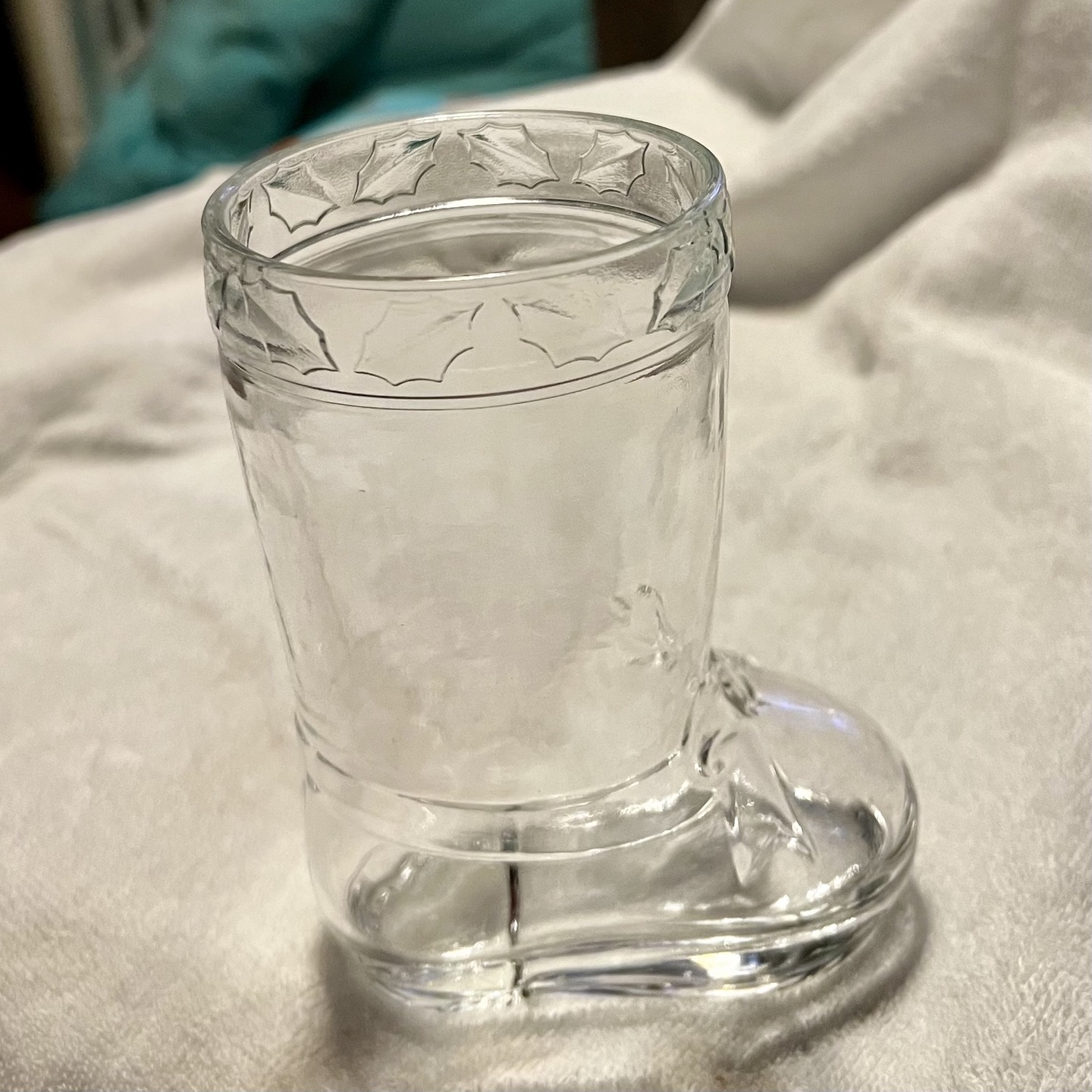 Santa Boot Clear Glass Candy Jar With Holly Debossed Mikasa Studio Nova 5”