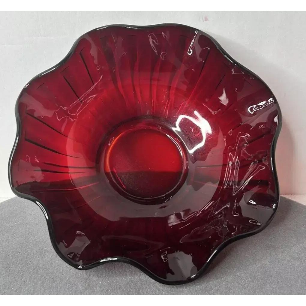 Vintage Ruby Red Ruffled Rim Candy/Trinket Dish 8” Diameter ~ UV Reactive