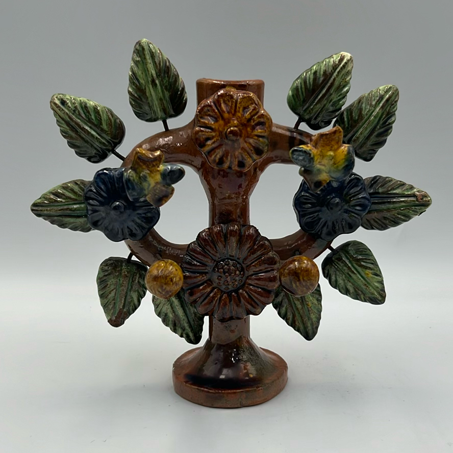 Imperfect - Vintage Mexican Folk Art Pottery Tree Of Life Candleholder 6.5”