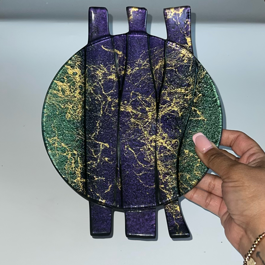 Signed Reverse Painted Fused Glass Abstract Dish