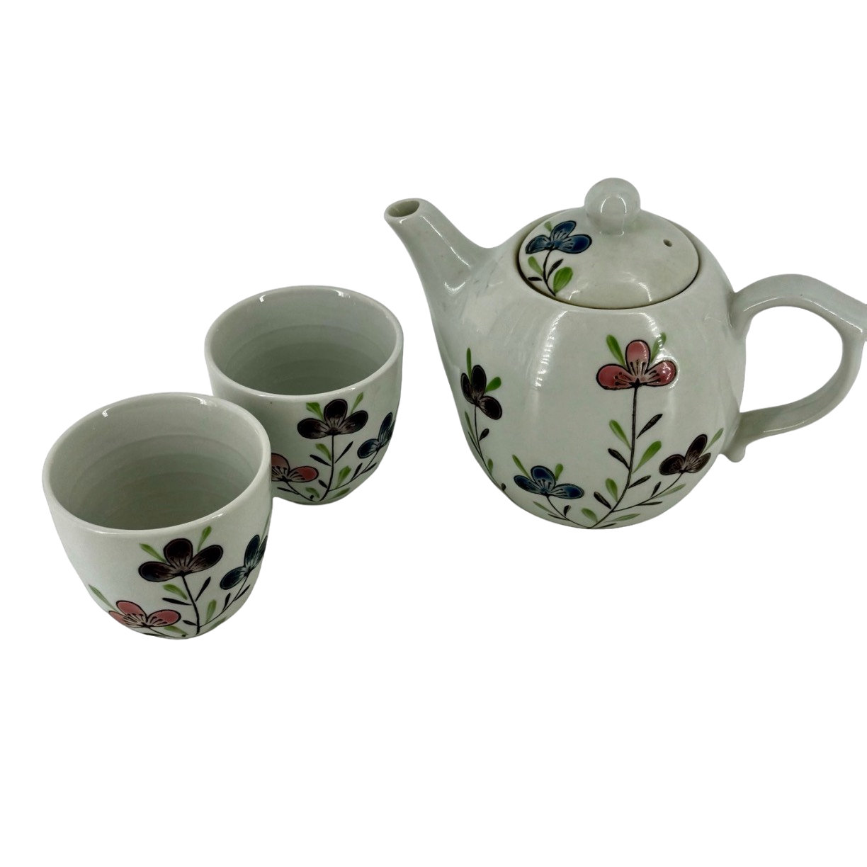 Floral Flowers Teapot Tea For Two Spring Pansies With Pair Of Stemless Cups