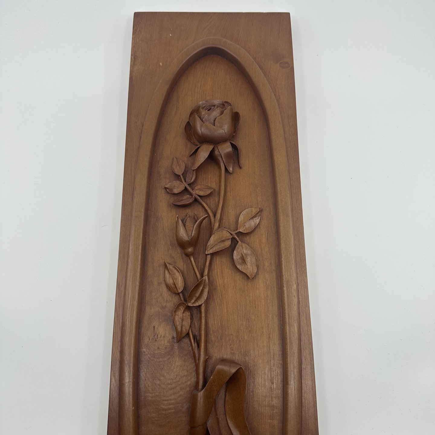 Tall MCM Hand Carved Roses Wooden Wall Hanging Signed