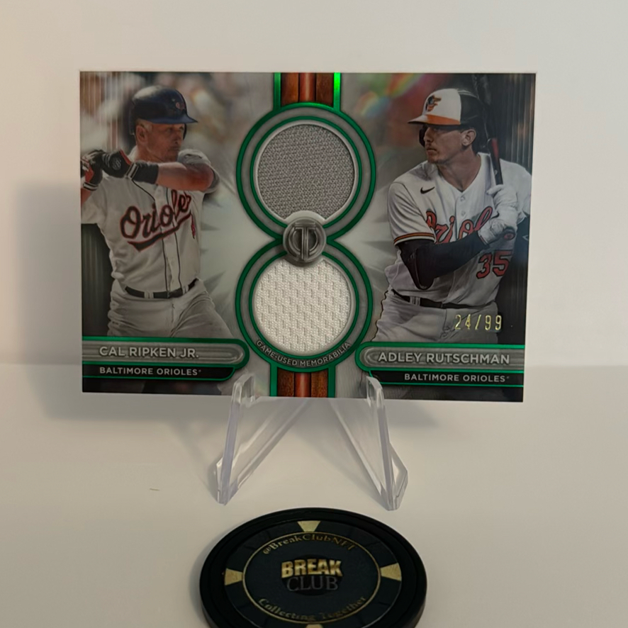 Adley Rutschman/Cal Ripken Jr. 2024 Topps Tribute Dual Relic #/99