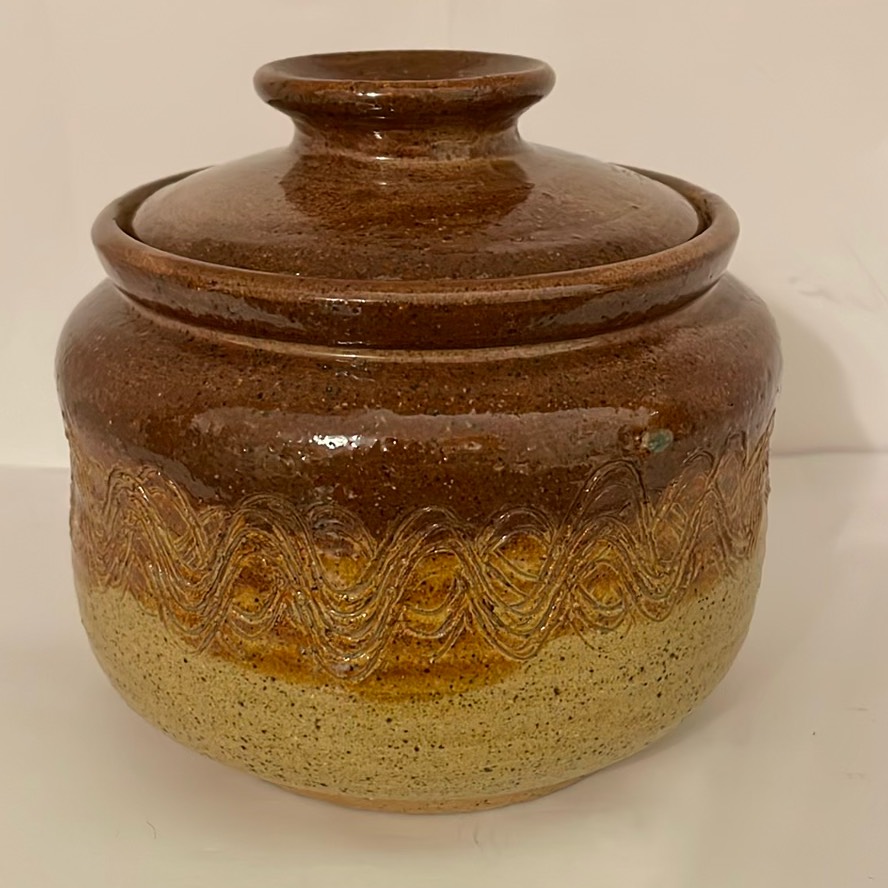 #558 Pottery Canister/Crock With Lid 2 Shades Of Brown Glaze And Etched ...