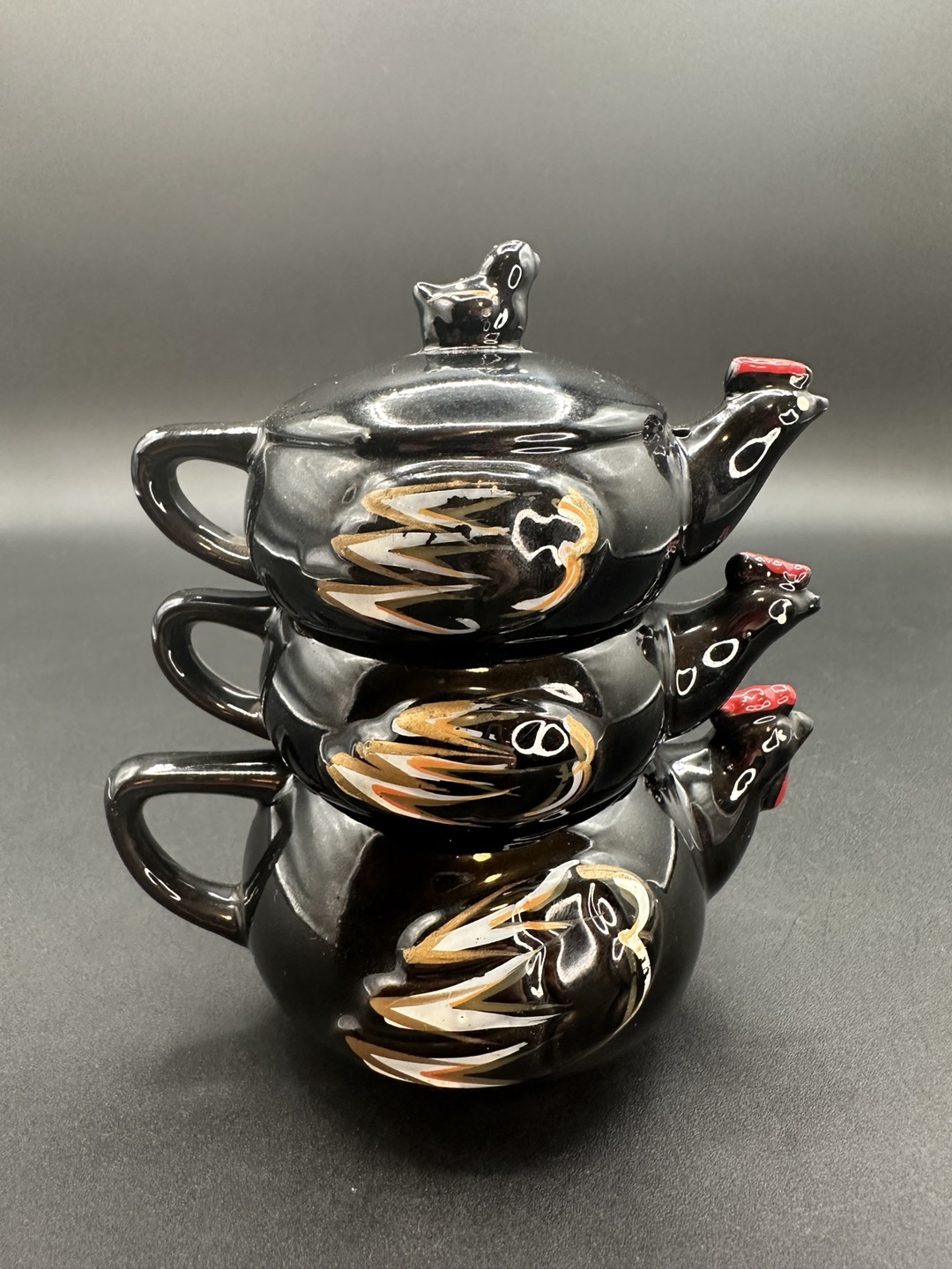 Vintage Redware Triple Chicken Condiment Stacker, Salt And Pepper And ...