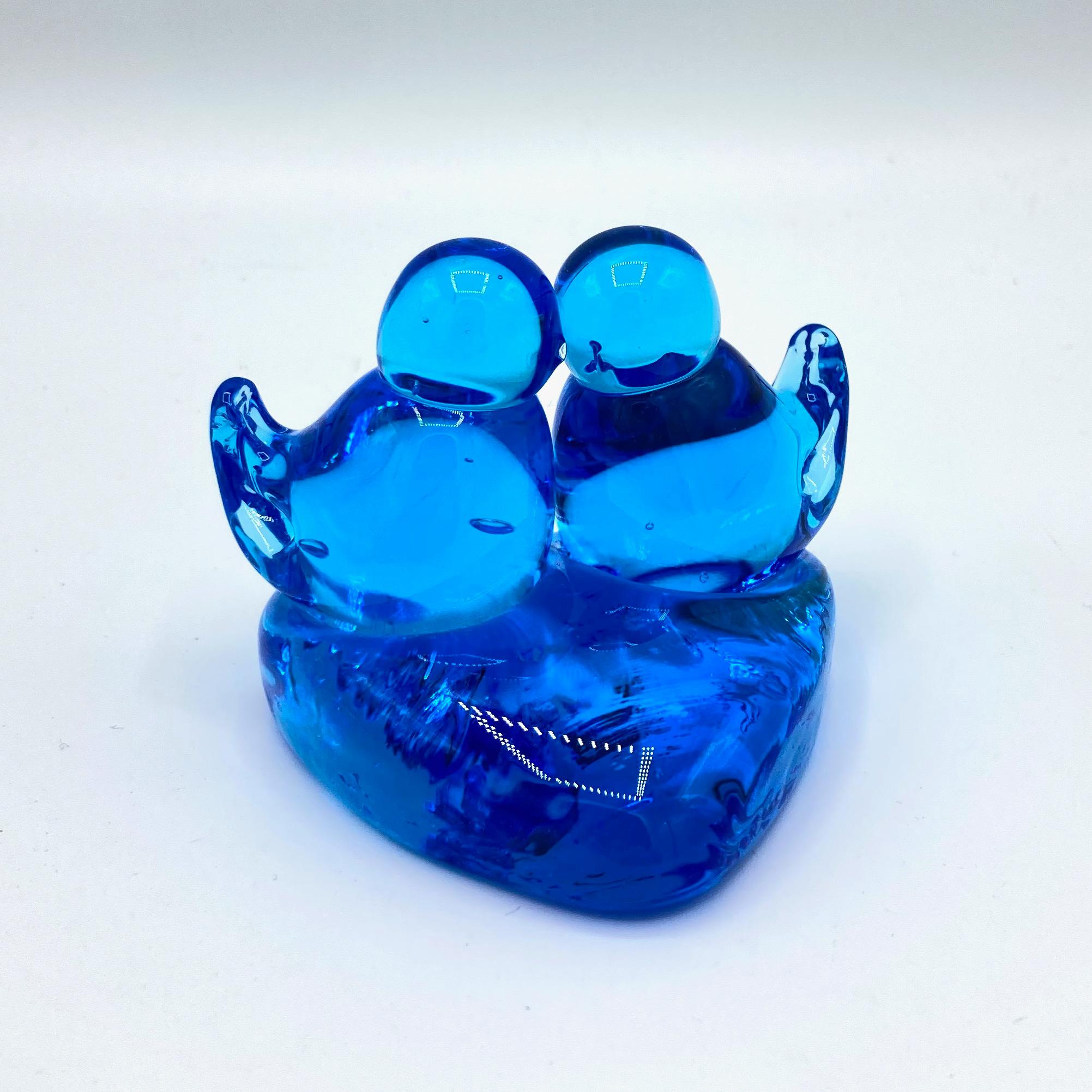 Phoenix Studios Glass Bluebirds Happiness on Heart Base, Signed Ron Ray ...