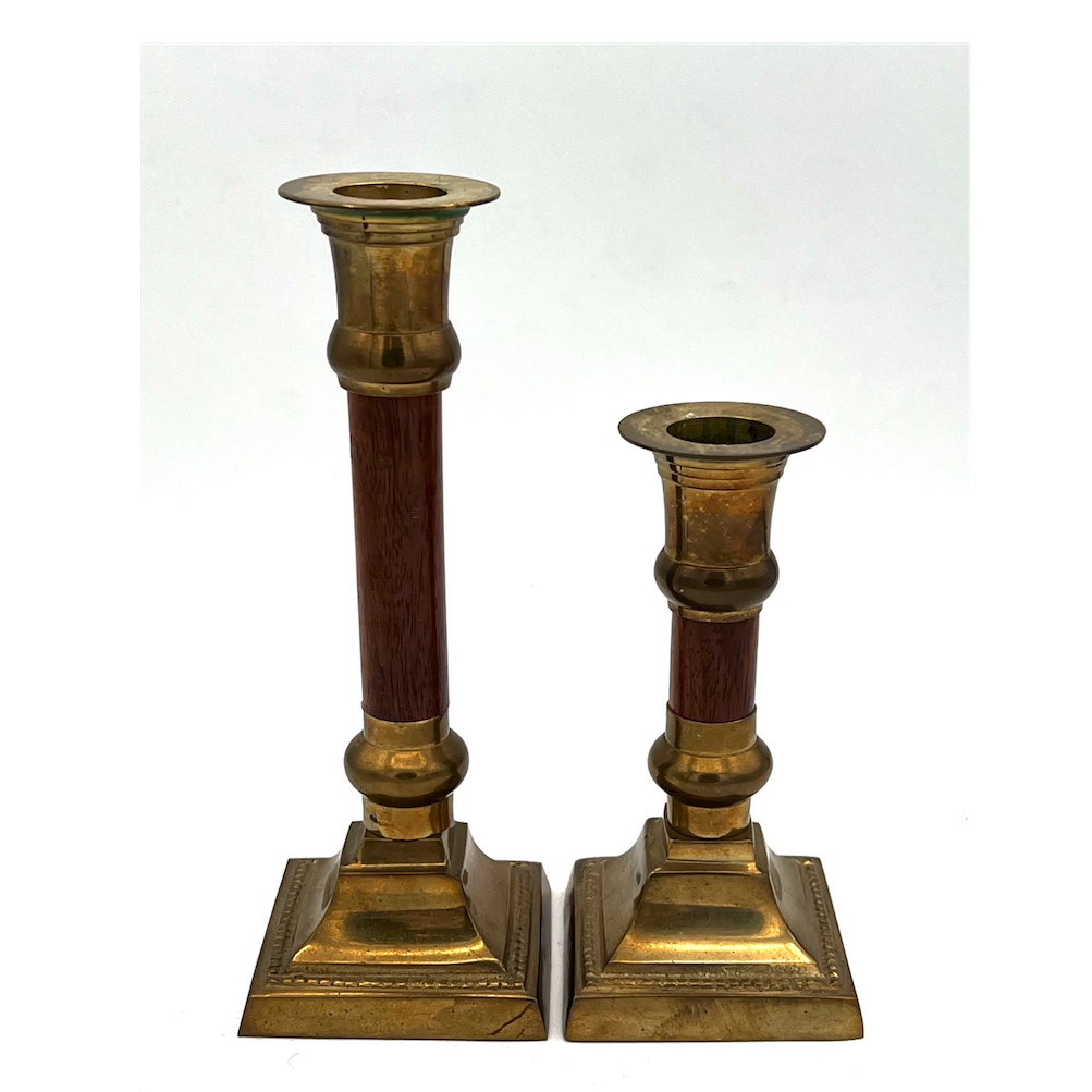 Nice Pair Of Candlestick Holders Made Of Brass And Wood ~7” And 5” Tall