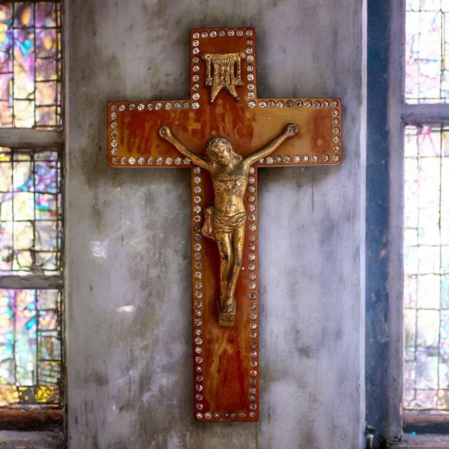 Vintage Bakelite Rhinestone Christian Cross Crucifix Wall Hanging MCM ...