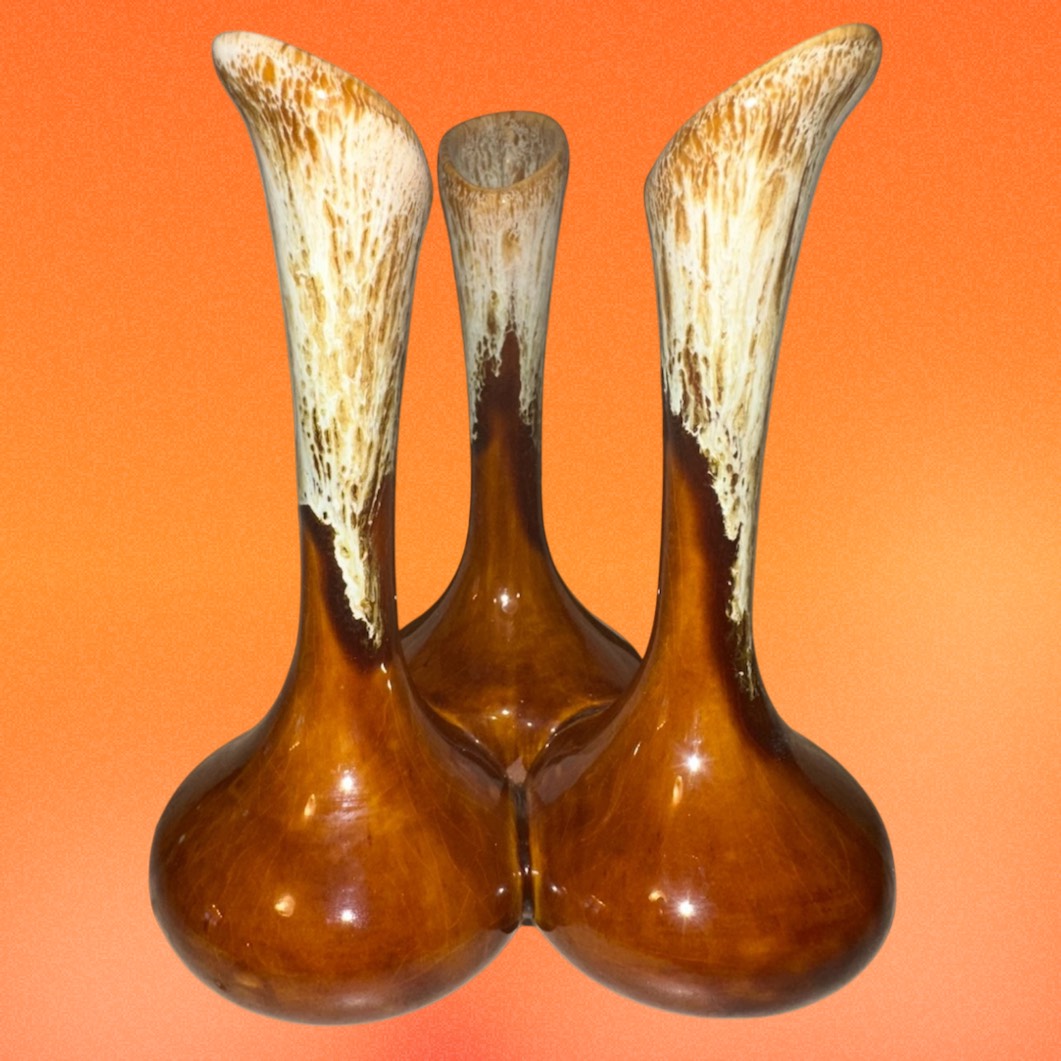Vintage Van Briggle Pottery Triple Bud Vase in Brown with Beige Drip Glaze