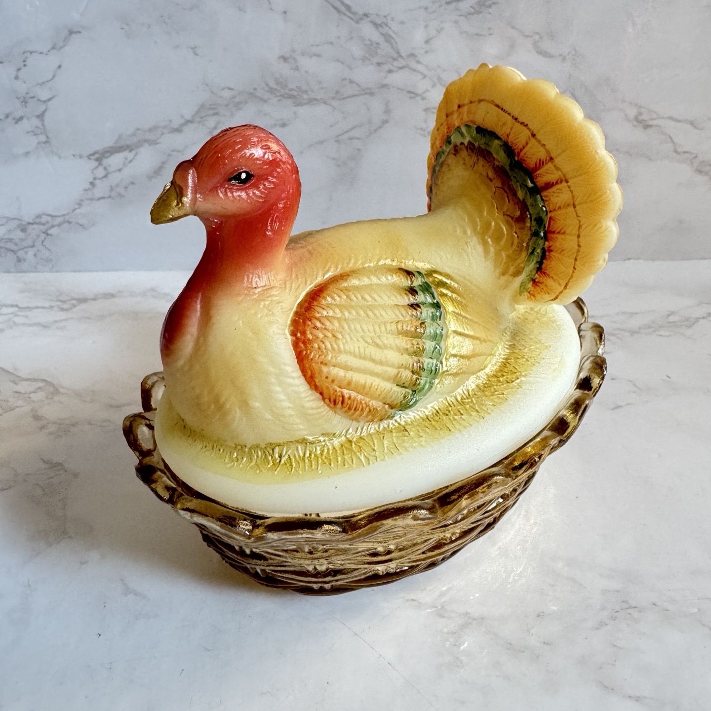 Vintage Fenton Hand Painted Glass Turkey on Nest Signed by D Cutshaw