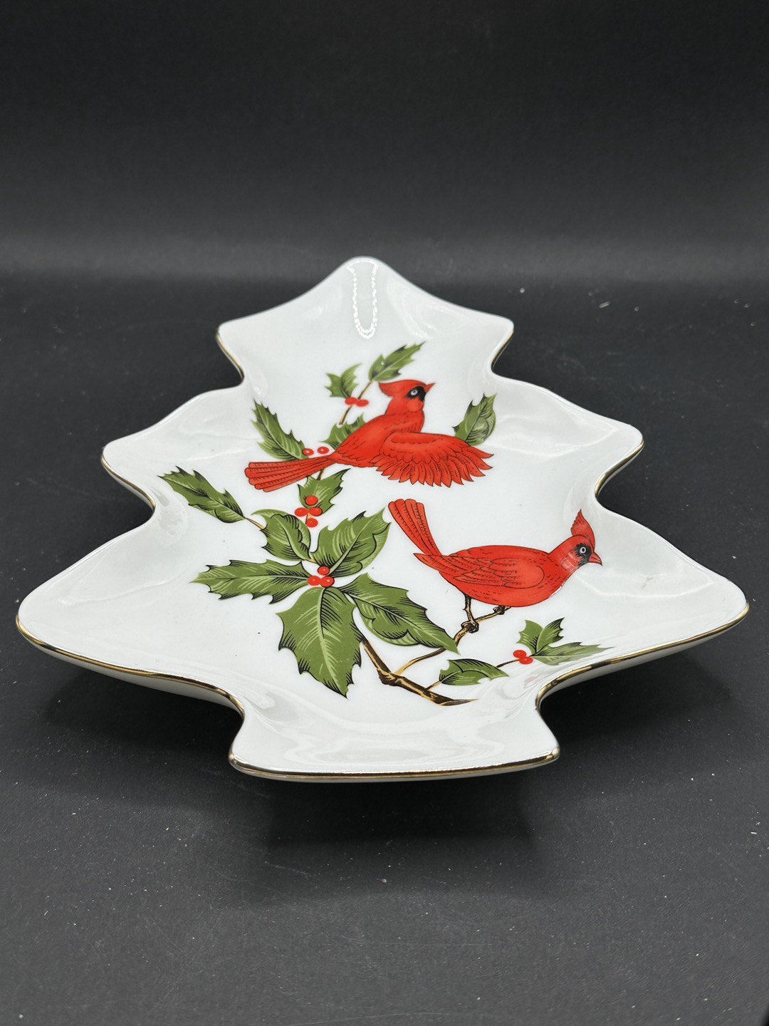 Vintage 1984 Lefton China Holiday Holly Cardinal Candy Dish Tree Shaped ...