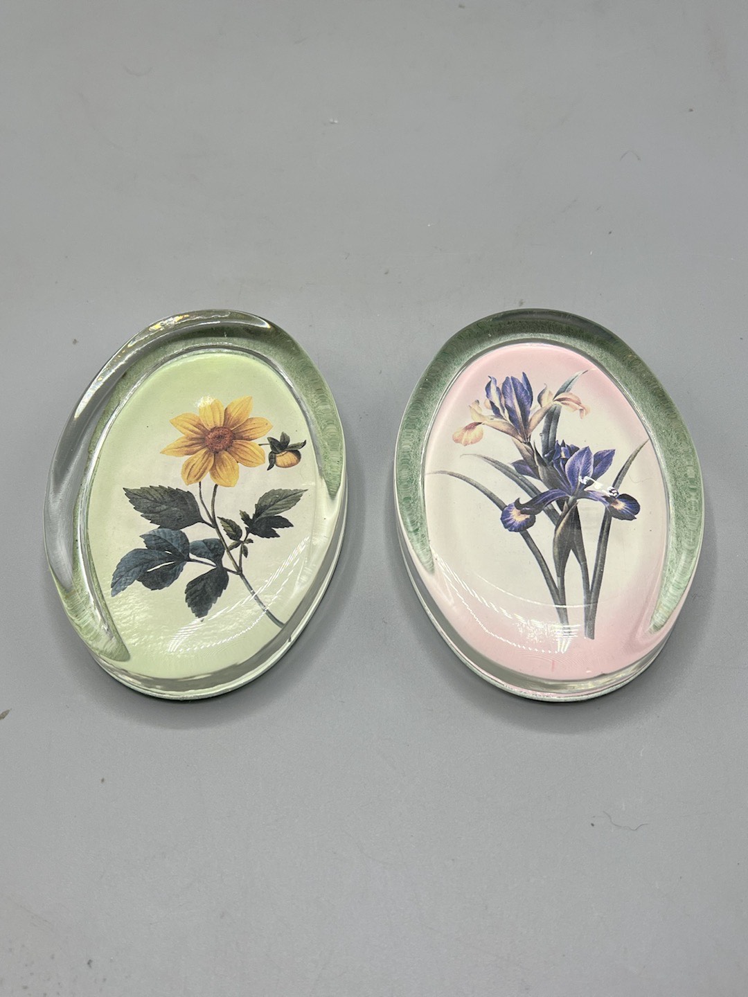 2 Oval Floral Print Paperweights Felt Bottom Vintage