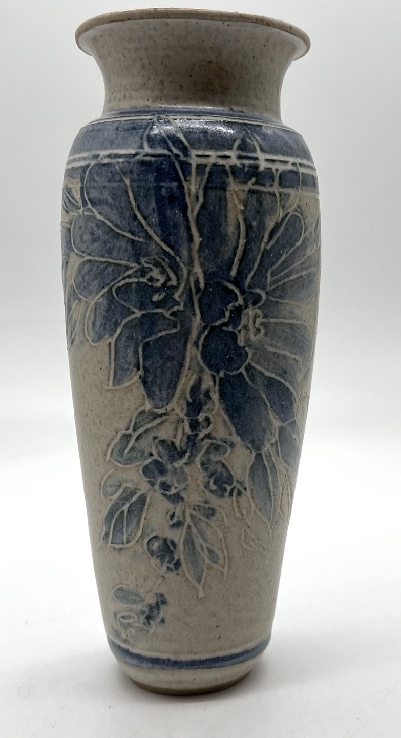 Vintage Signed B. Walsh Hand Painted Art Pottery Vase Blue Iris 8”
