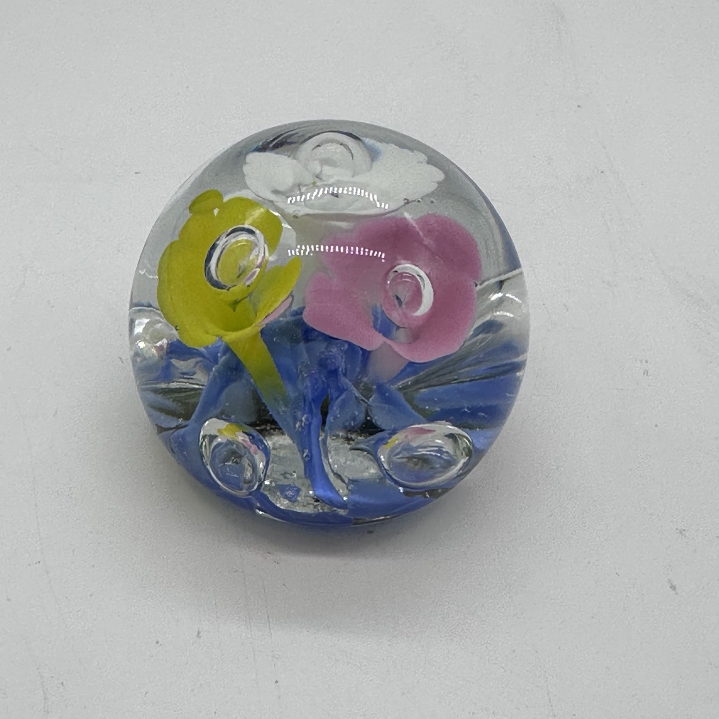 St. Claire Round Paperweight Flowers Art Glass Pastel Yellow Pink Blue