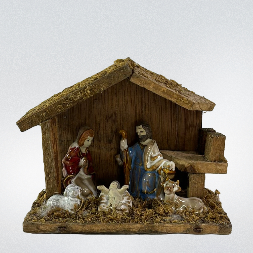 024. Small Ceramic & Wood Nativity Scene 5.5” x 2.5” x 4.25”
