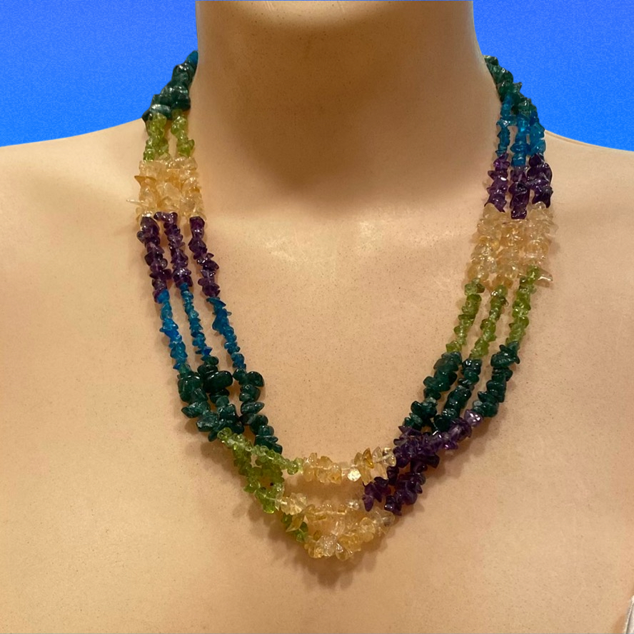 Multi Semi Precious Gemstone Chip Necklace w/ Sterling Silver Clasp