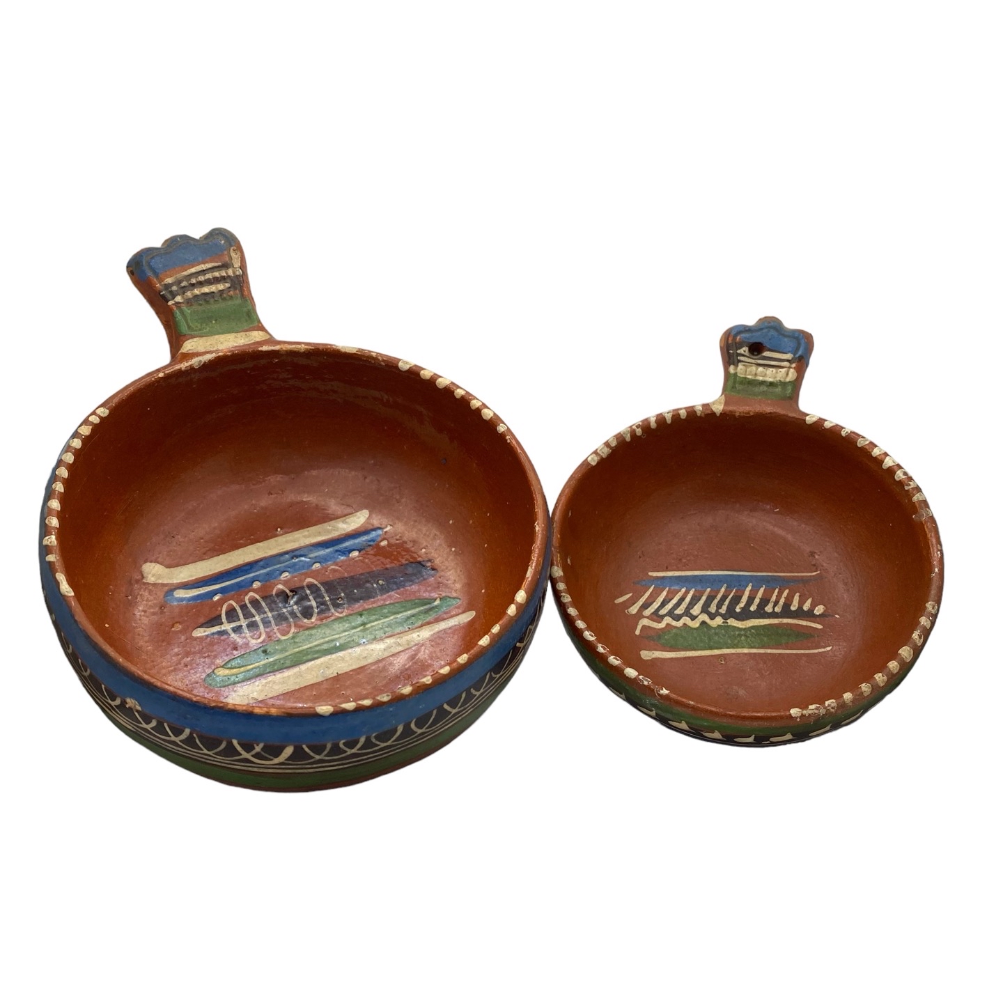 Vintage Mexico Terra Cotta Pan Bowl Pot Handle Dish Handmade Set of 2