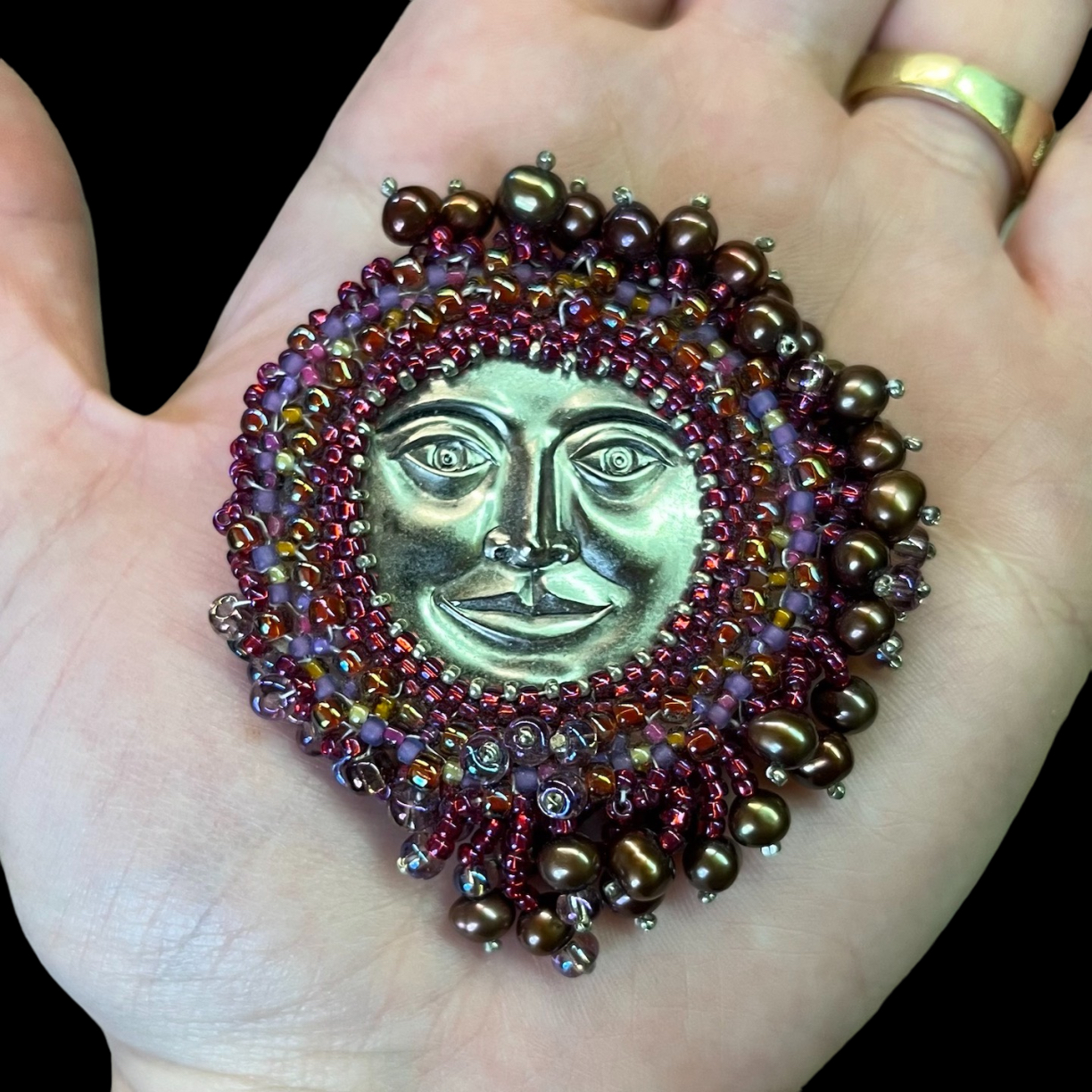 Beaded And Metal Moon Face Planet Brooch