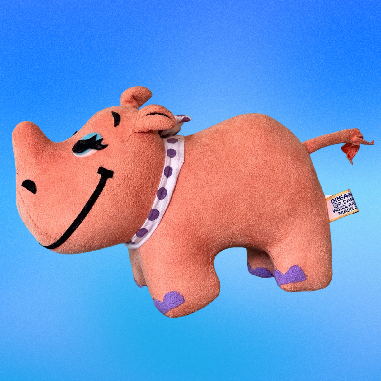 Vintage Dakin Dream Pet Rhino - Orange with Purple Polka-dotted Ribbon