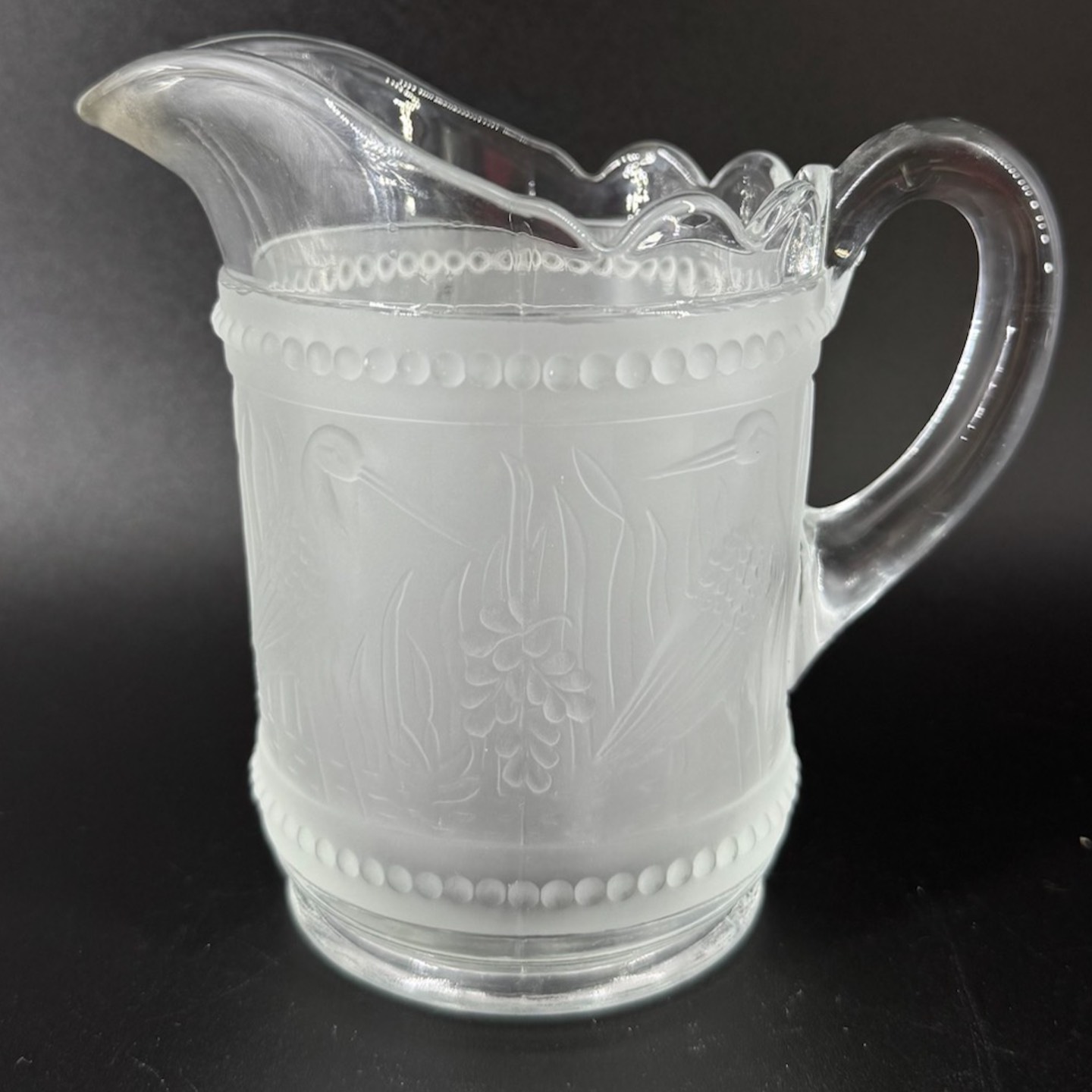 LG Wright Clear Satin Glass Storks Rushes Creamer Pitcher