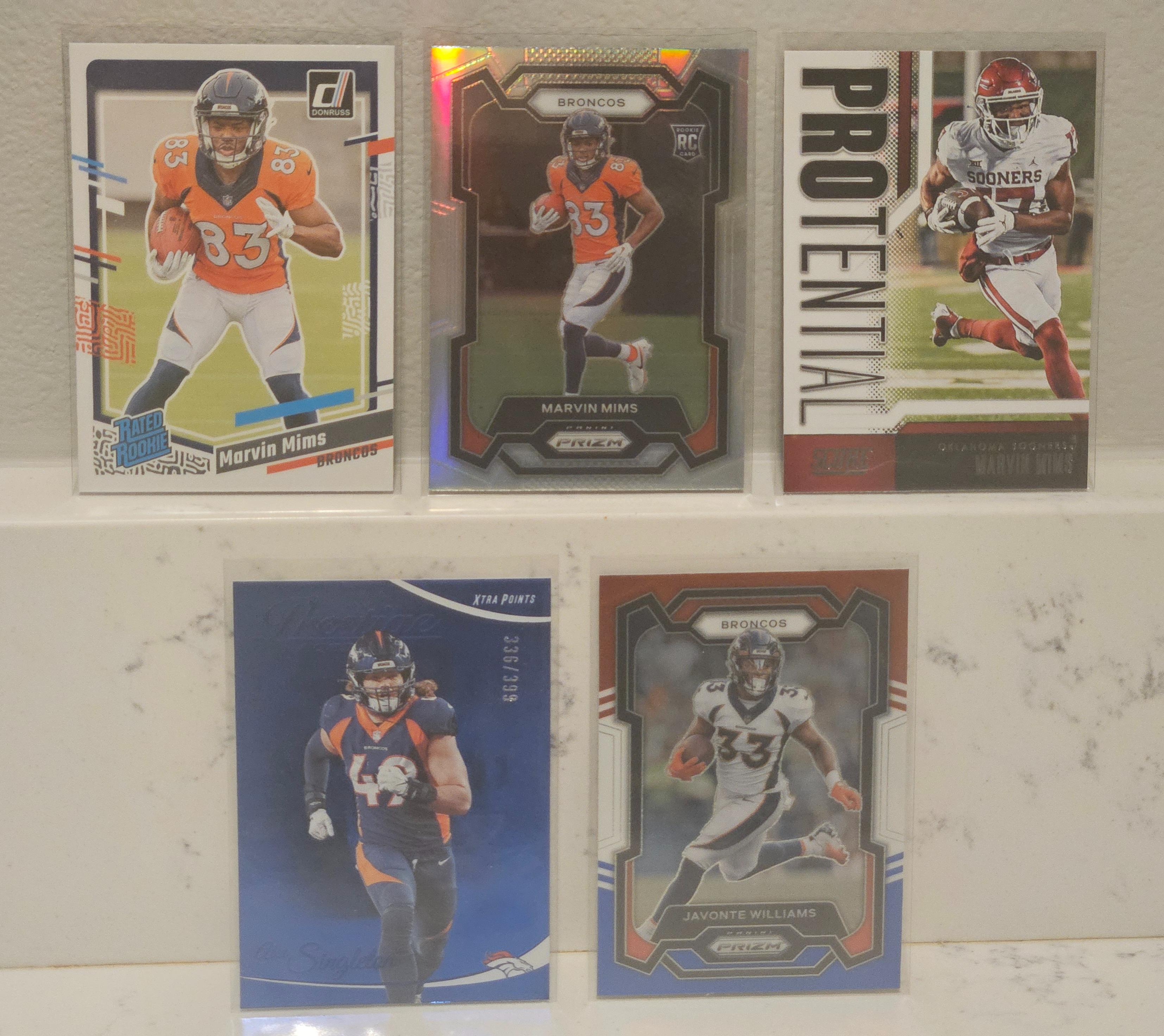 Denver Broncos 5 Card Mixed Lot - Mims RC, Singleton #'d