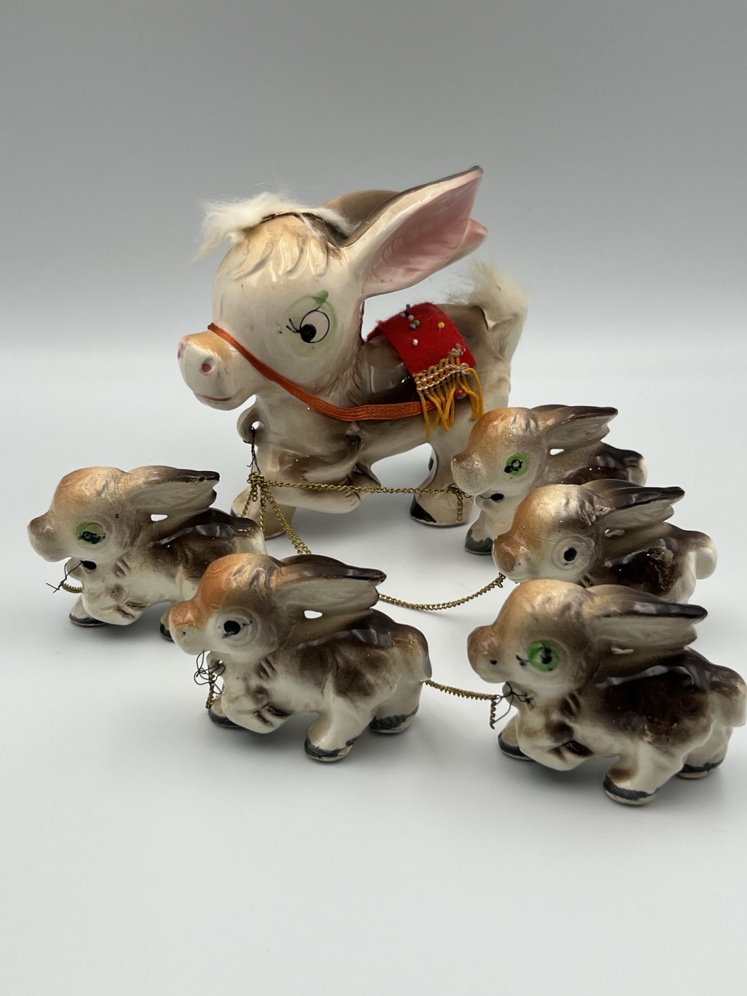 Vtg Japan Anthropomorphic Donkey With Fur Chained Family Of 6