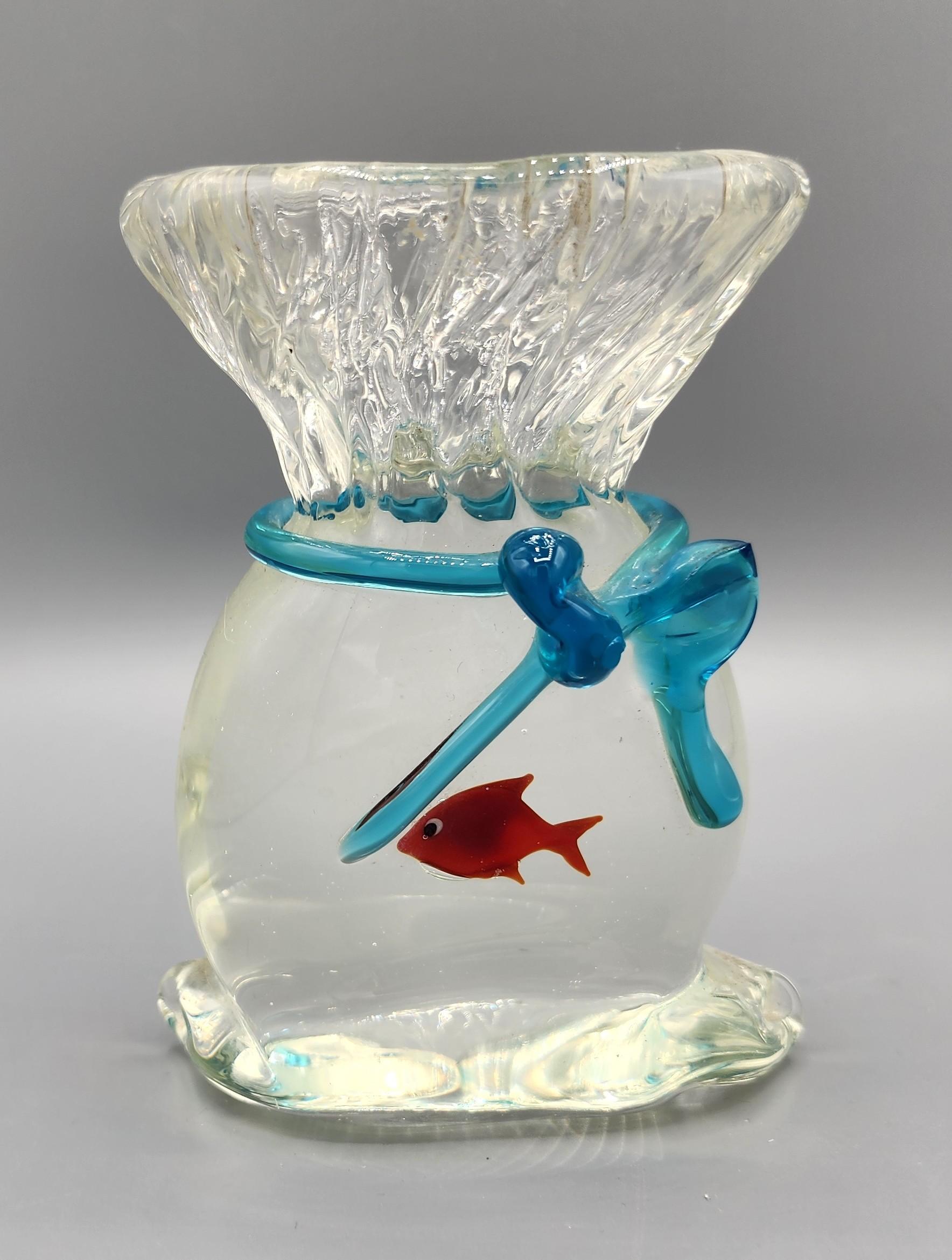 Murano Style Art Glass Goldfish in a Bag Figurine Paperweight 5"