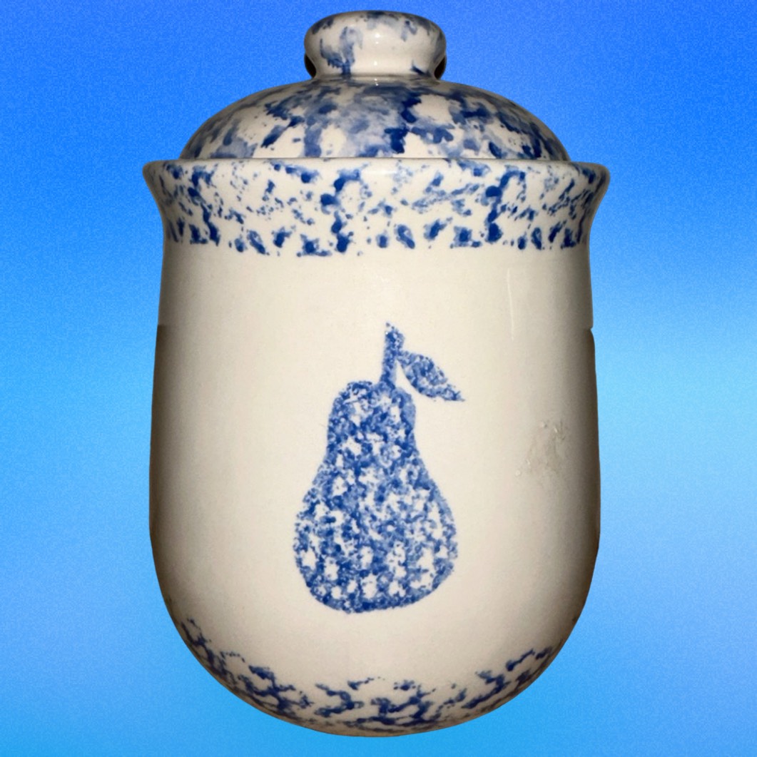 Folk Craft Blue Spongeware Lidded Canister Heart Pear Container 7 1/4” Tall