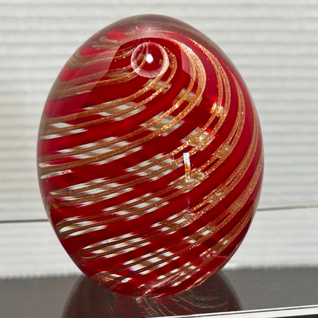 Art Glass Red And Gold Swirl Egg Shaped Paperweight, Clear Bottom