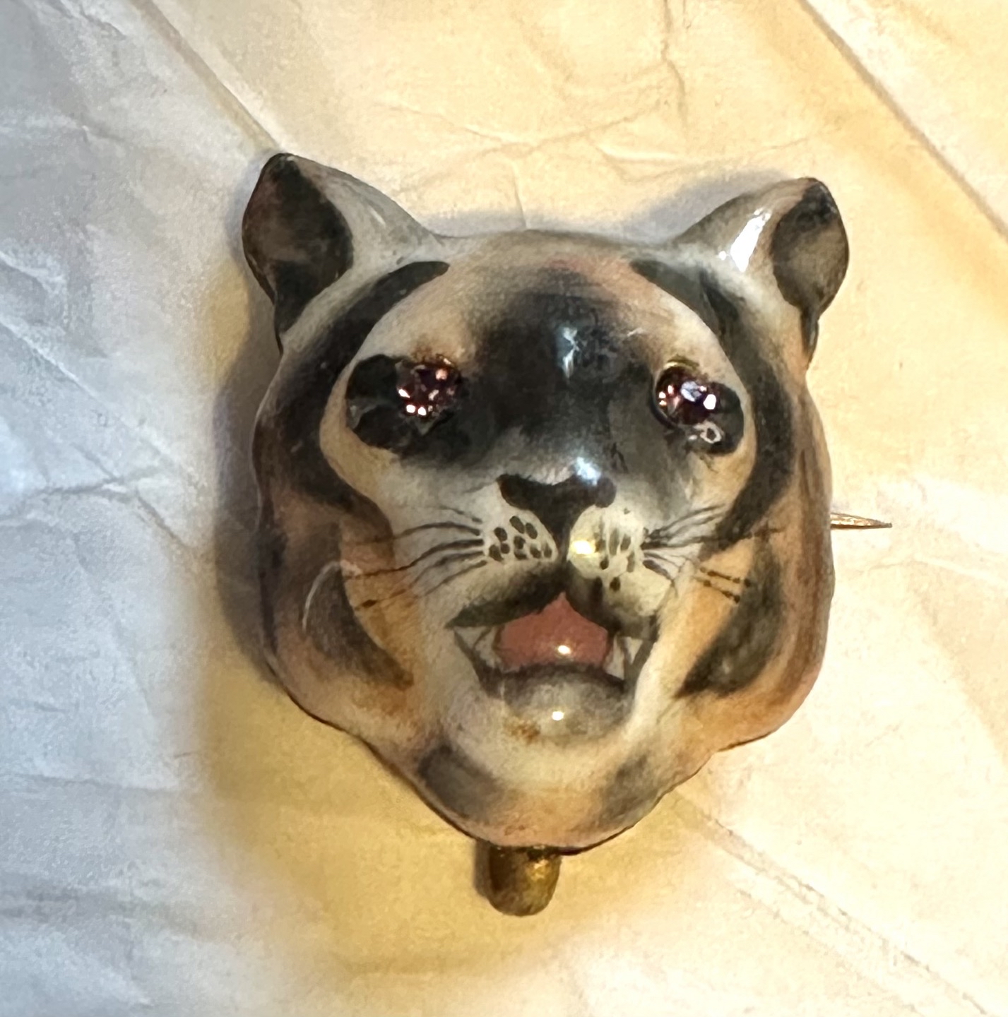 Victorian Chatelaine Watch Pin Enamel Tiger Face