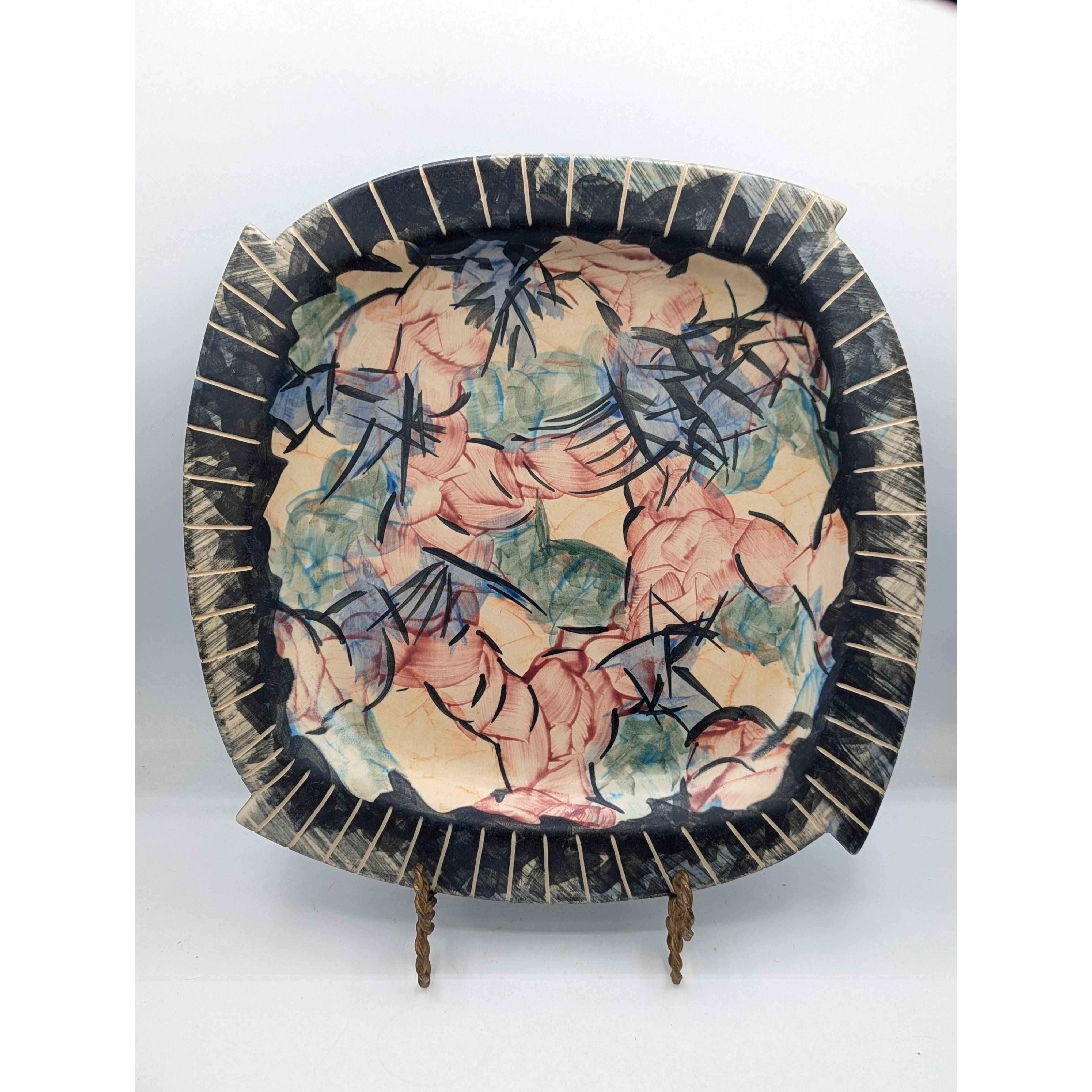 WAYNE L BATES Art Pottery Sgraffito Carved Postmodern Charger Signed