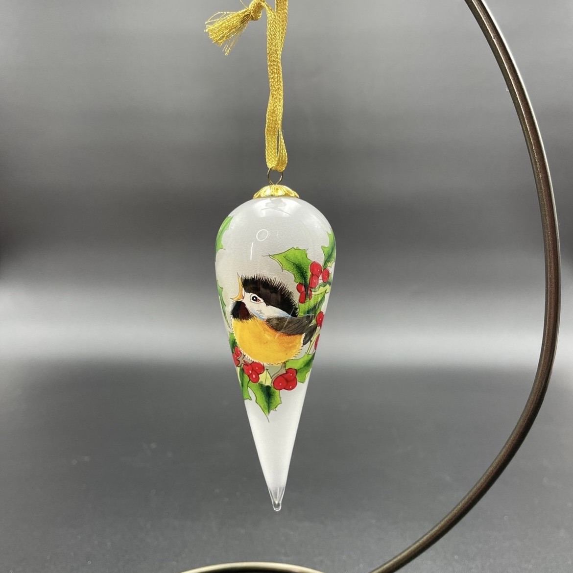Bill Yee Li Bien Painted Glass Bird Chickadee Holly Christmas Ornament