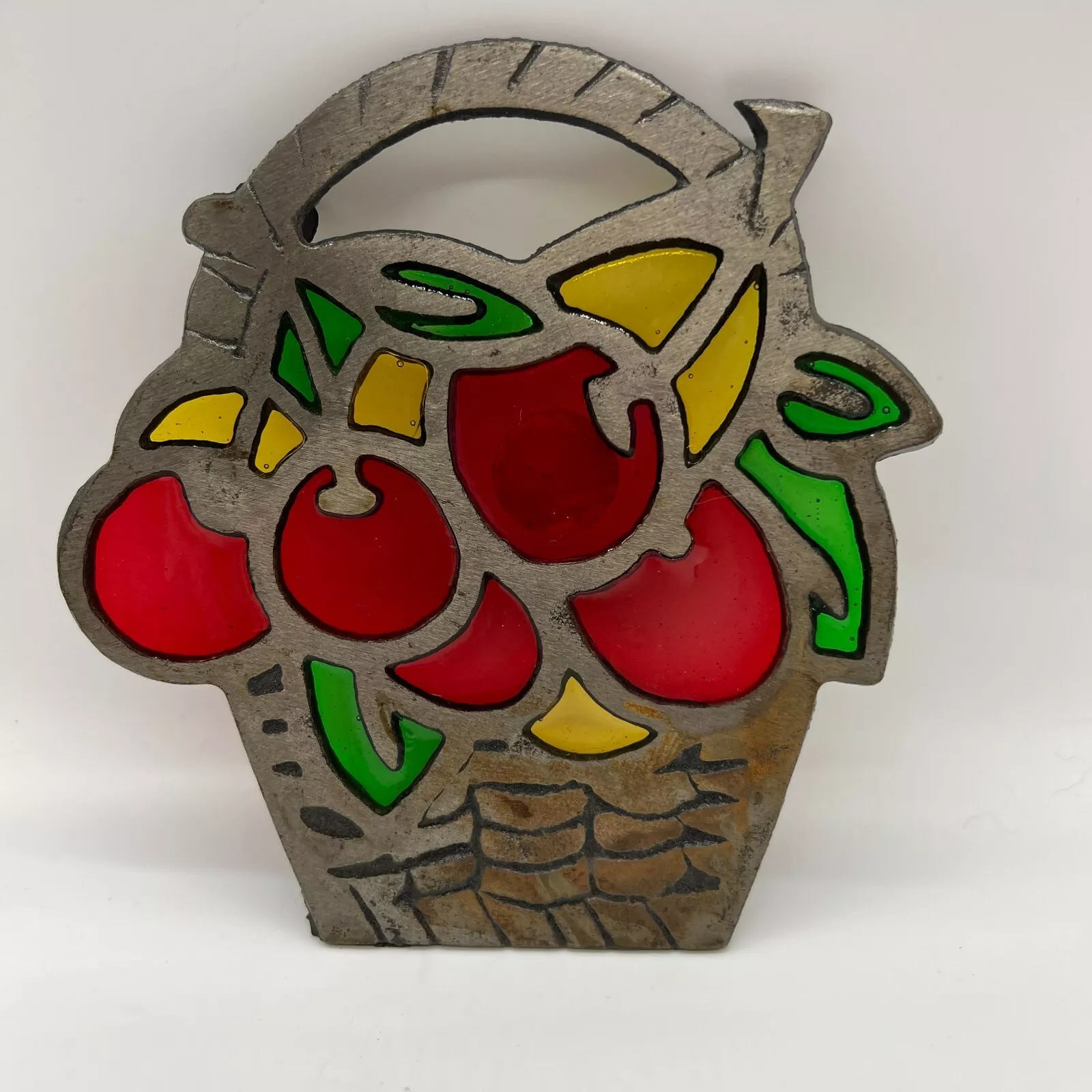 MCM Stained Glass Cherry Fruit Trivet Metal Basket Mid Century Vintage ...