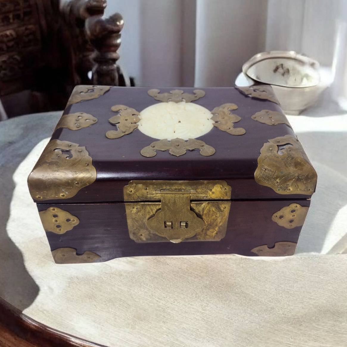 Vintage Chinese Rosewood Brass Jewelry Box Ornate Jade Inlay Pink Silk ...