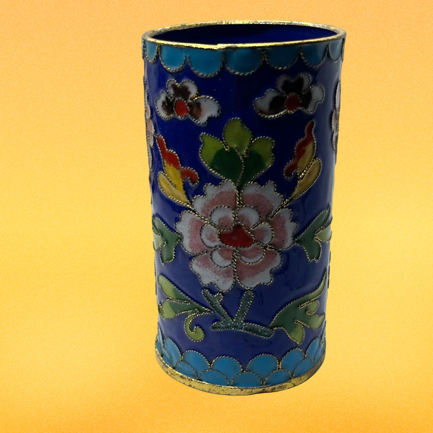 01. China old Cloisonne Brush pot Handwork Carved flower Pen holder