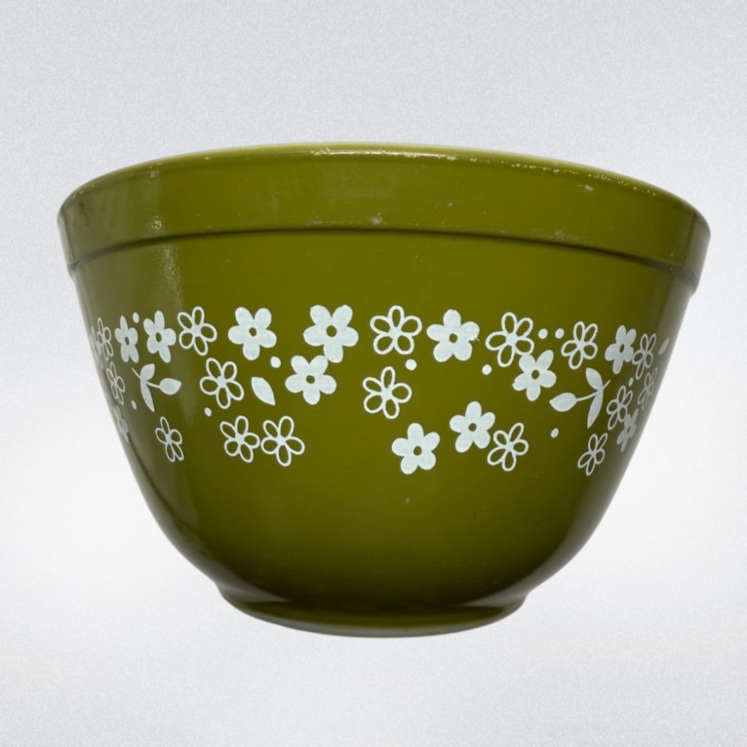 VTG PYREX #401, 750ml NESTING MIXING BOWL, 1979-81, PATTERN REDESIGN SPRING BLOSSOM GREEN; VERY ...