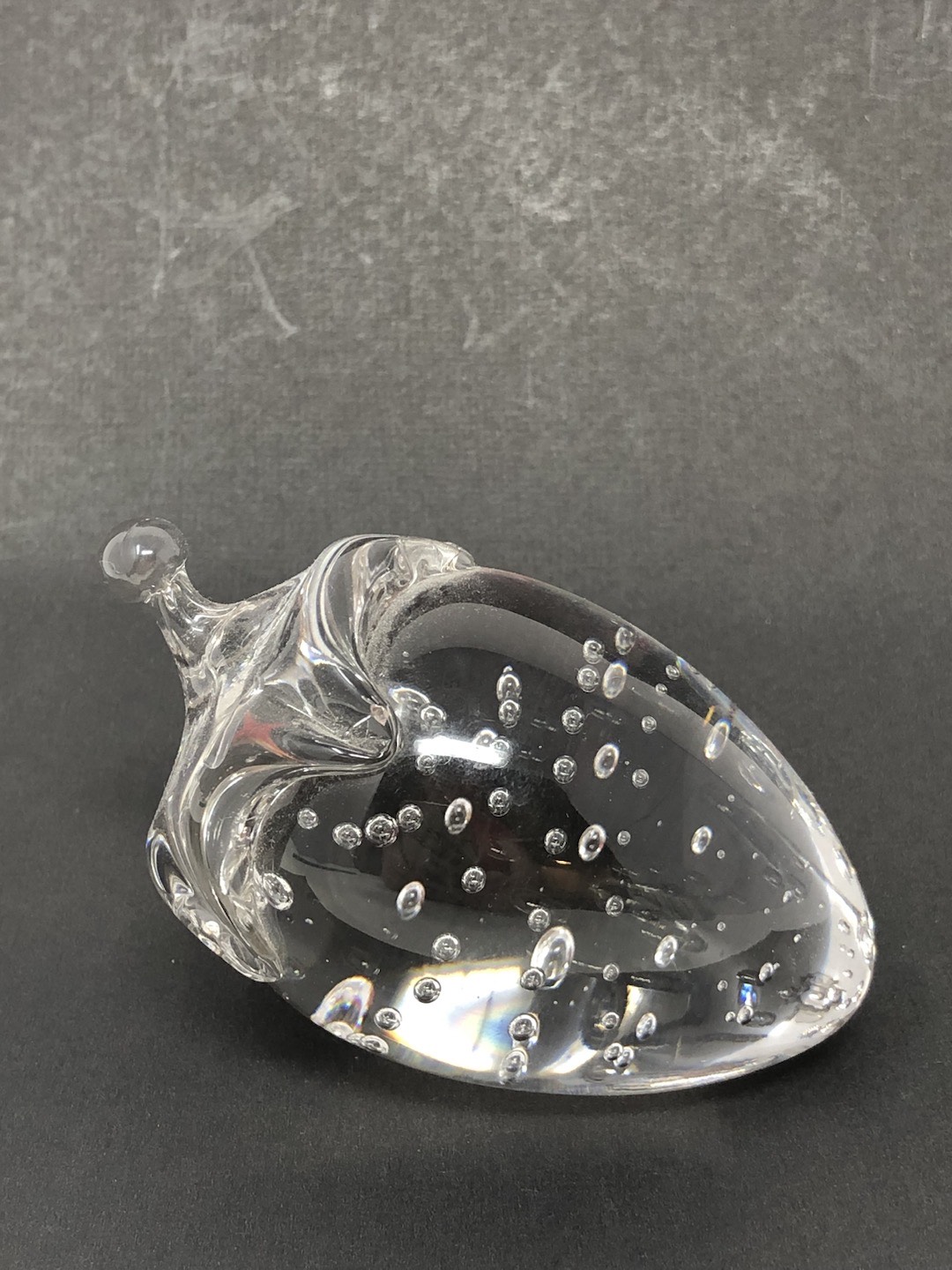 Solid Glass Strawberry Paperweight with Controlled Bubbles and Applied Stem