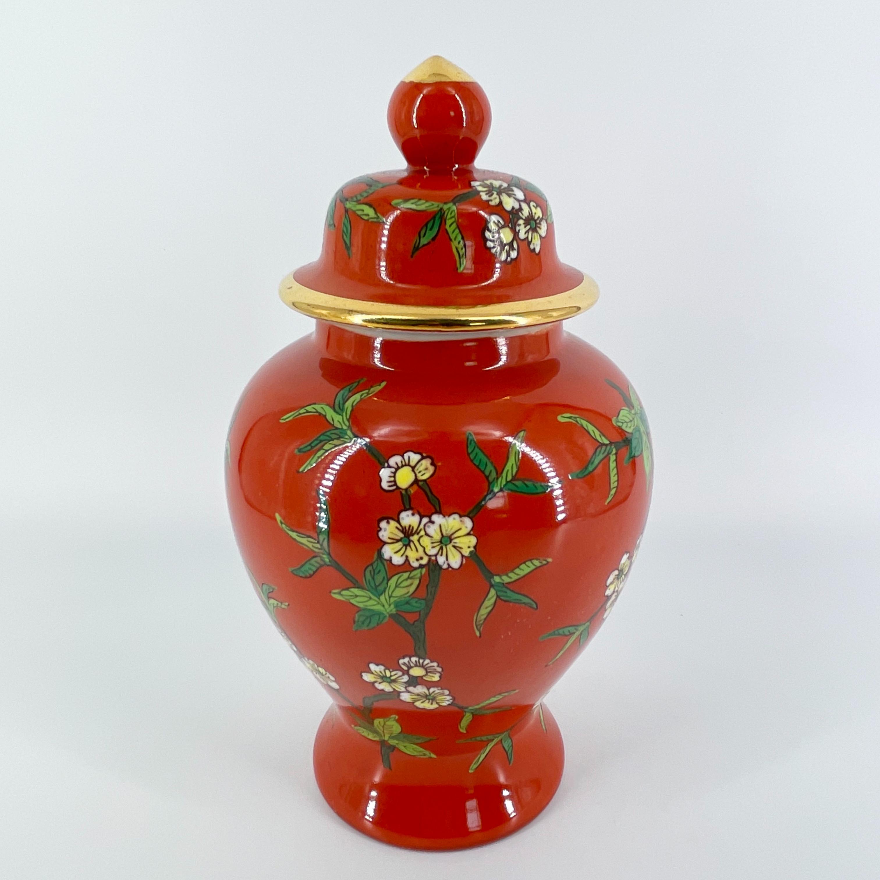 Burnt Orange Oriental Ginger Jar Hand Painted Florals Gold Trim