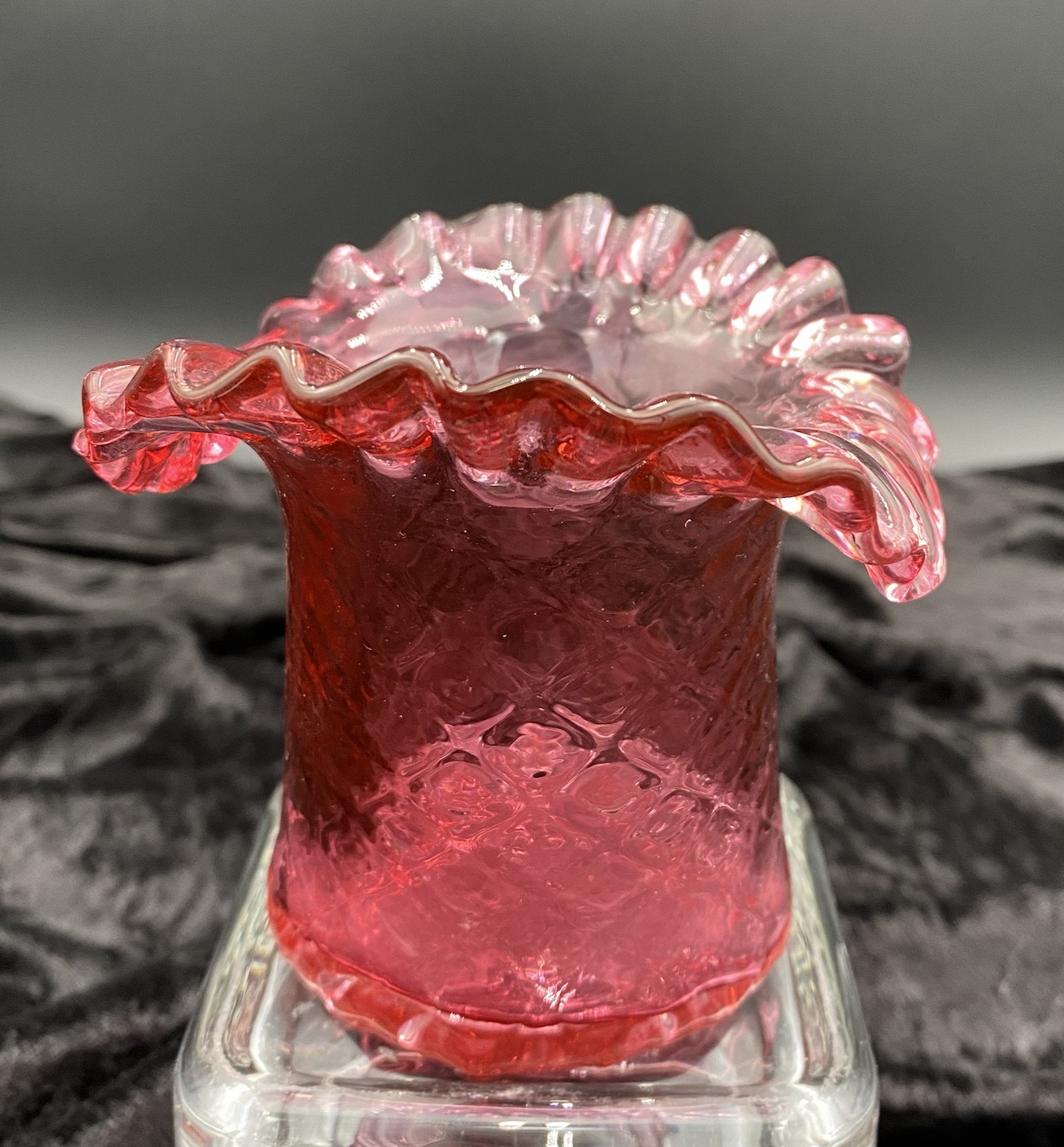 1940s Fenton Diamond Optic Ruby Overlay Top Hat Topper, #1924, Crimped Edge