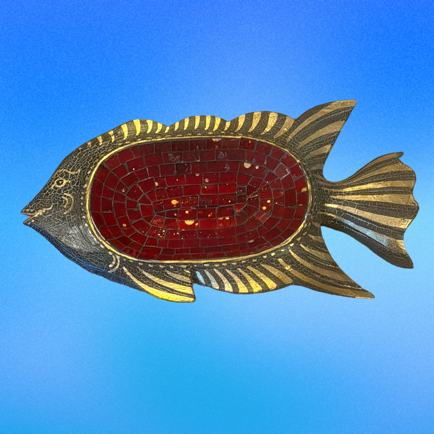 Wooden Fish Tray with Inlaid Red Mosaic Glass, 15” x 9”
