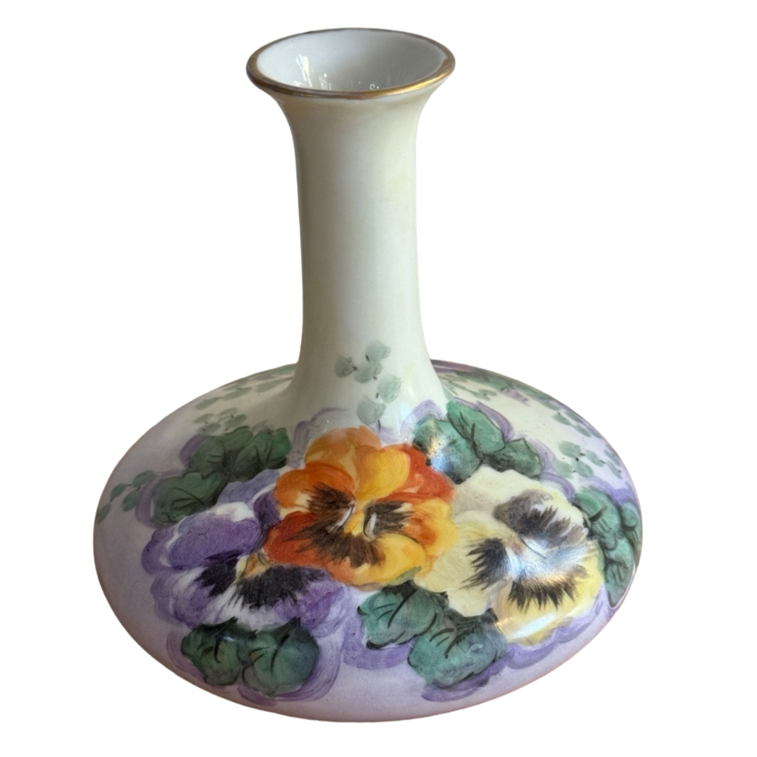 Vase hand painted pansies with gold trim 6”