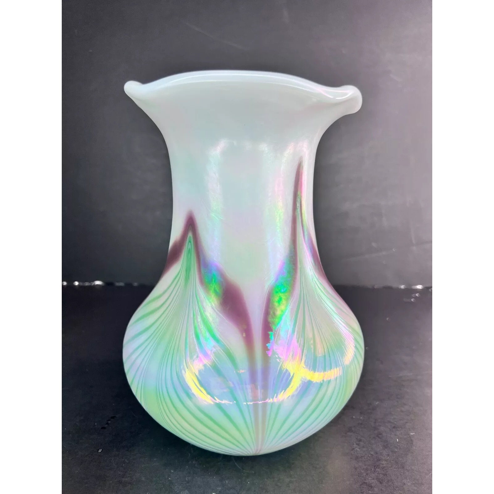 Fenton Art Glass Dave Fetty Pulled Feather Vase - 9"