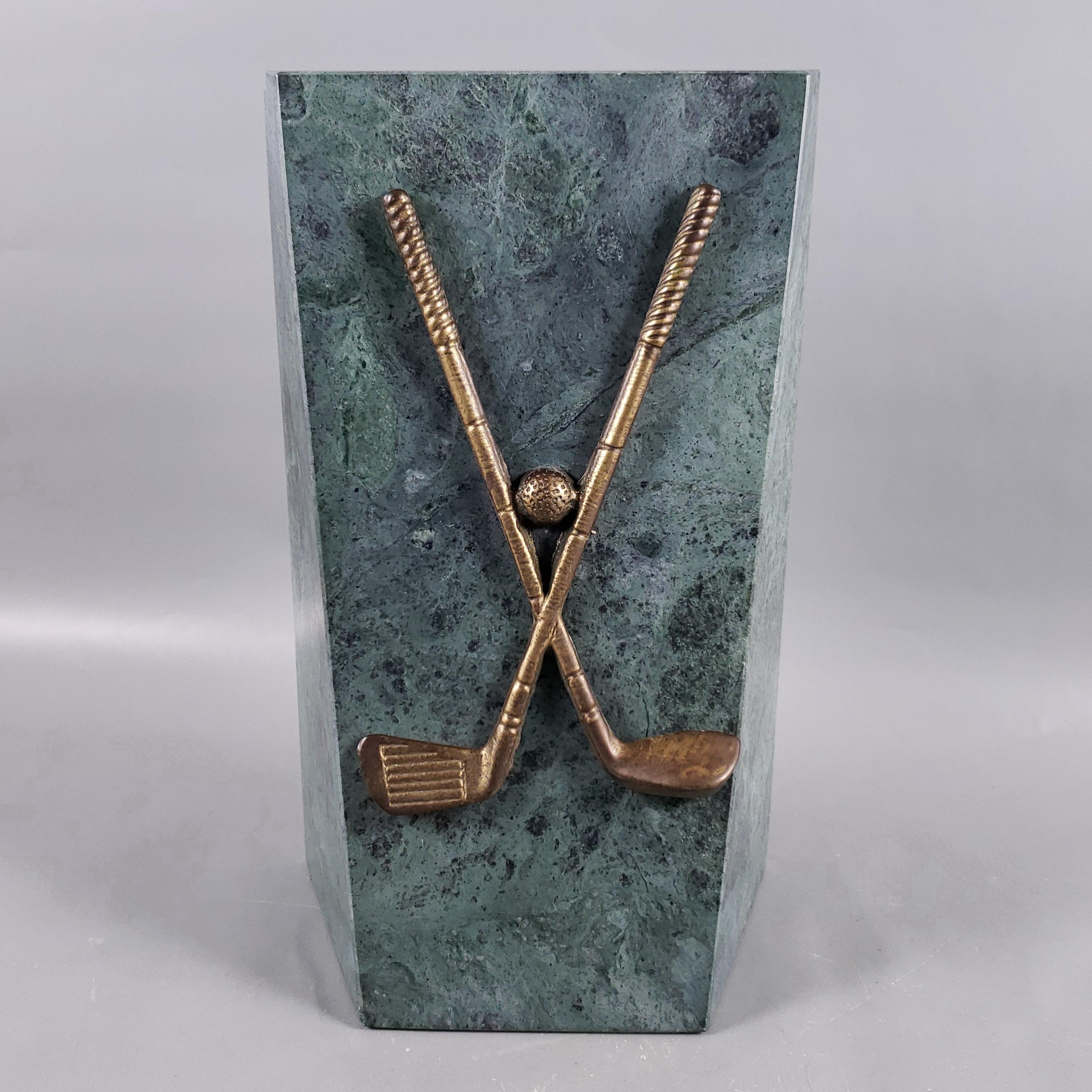 Vintage Green MARBLE Stone BRASS GOLF CLUBS Decor Bookend MCM