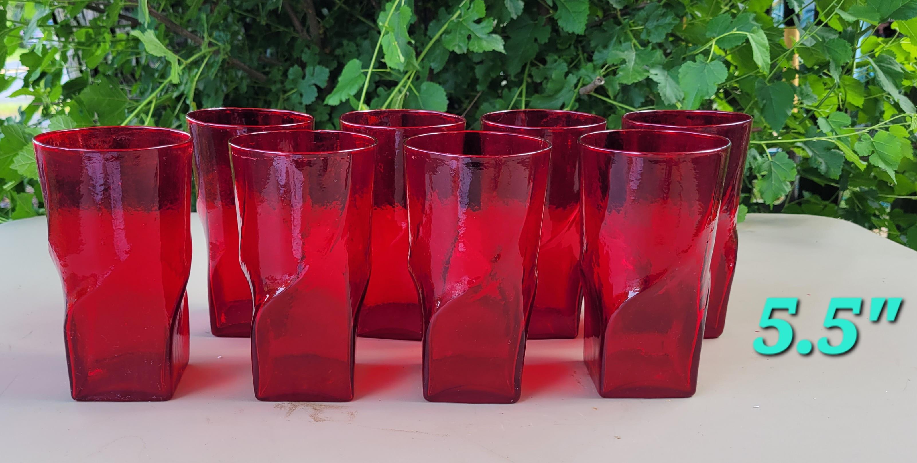 Set of 8 Vintage Morgantown Ruby Red Swirl Hand-blown Glass Tumblers