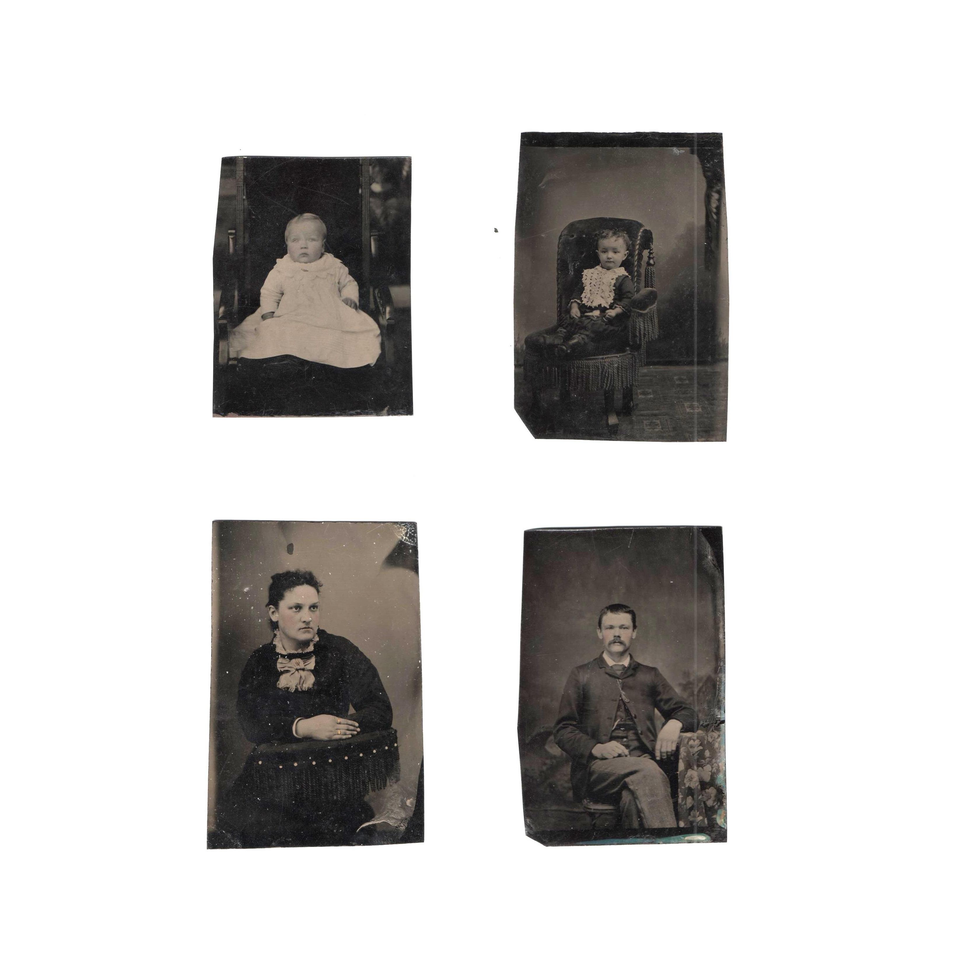 Set Of 4 Antique Photographs Tintypes 2 x 3 1/2 Portraits Adults Infants
