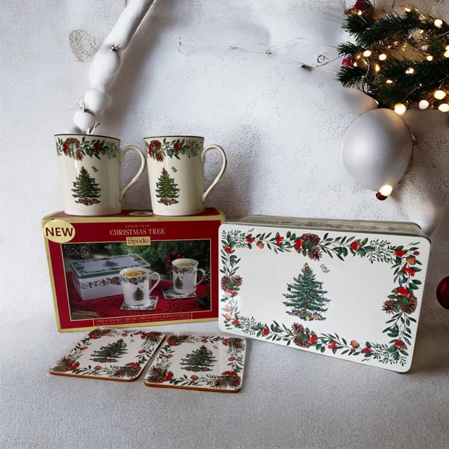 5 Piece Set ~ Spode Christmas Tree ~ 12oz Cups Coasters & Metal Tin ...